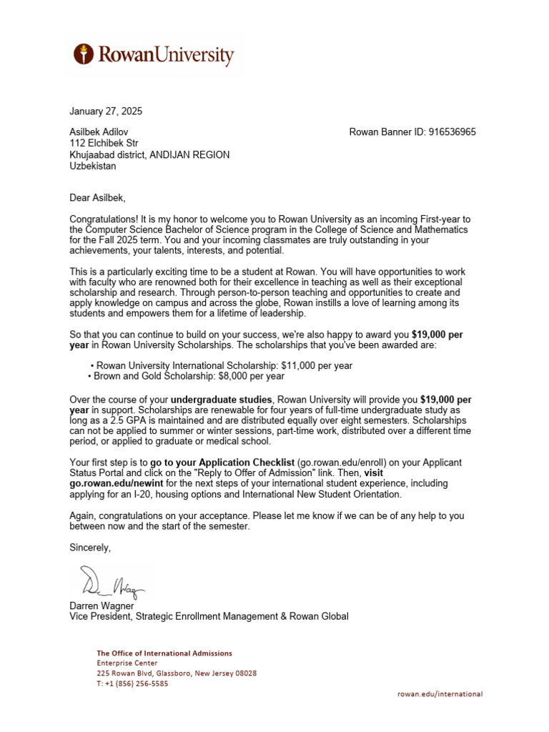 Acceptance Letter From Rowan University | PDF | Educational Stages ...