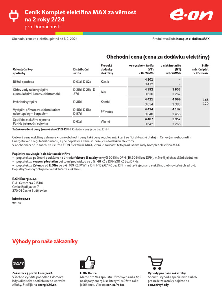 Cenik Komplet Elektrina MAX Za Vernost Na 2 Roky 2 - 24 Distribucni ...