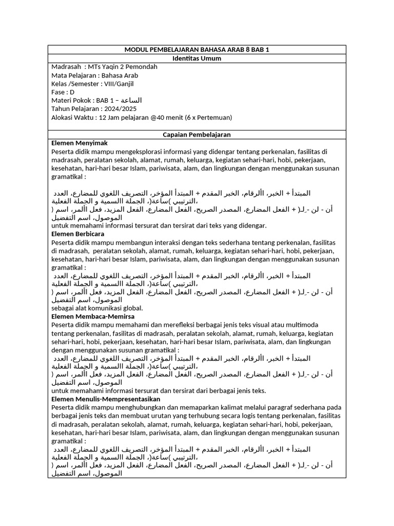 Modul Ajar Bahasa Arab Kelas 8 MTs - BS | PDF