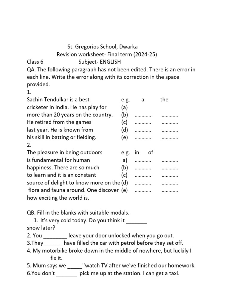 Class 6 Revision Worksheet F.T. | PDF | Grammar | Syntax