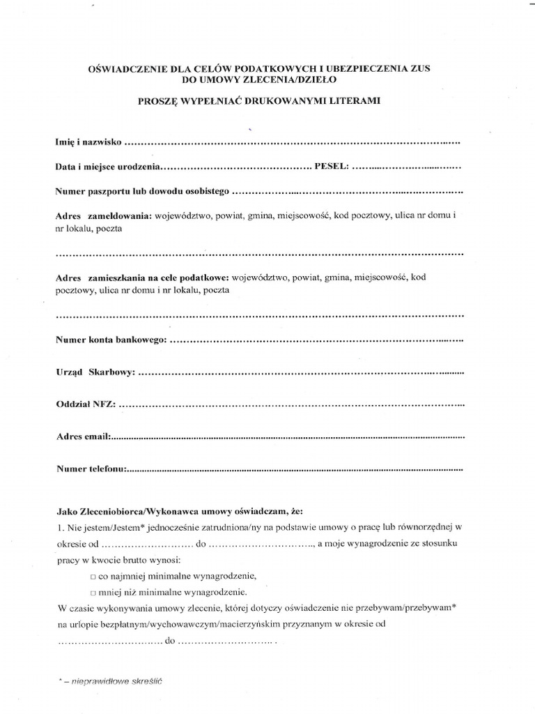 Oświadczenie Do Celow Podatkowych | PDF