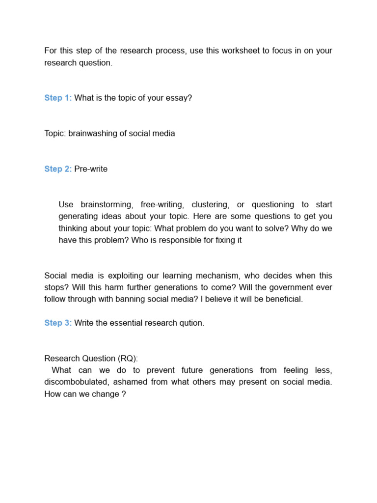 For This Step of The Research Process, Use This Worksheet To Focus in ...