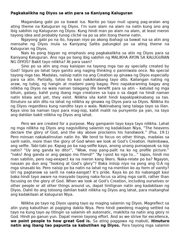 Pagkakalikha NG Diyos Sa Atin para Sa Kaniyang Kaluguran | PDF