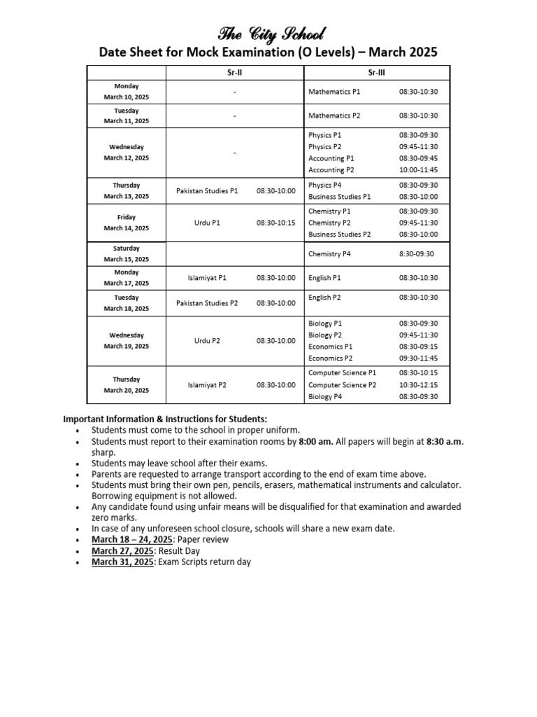 Mock 2024-25 O Level Date Sheet | PDF