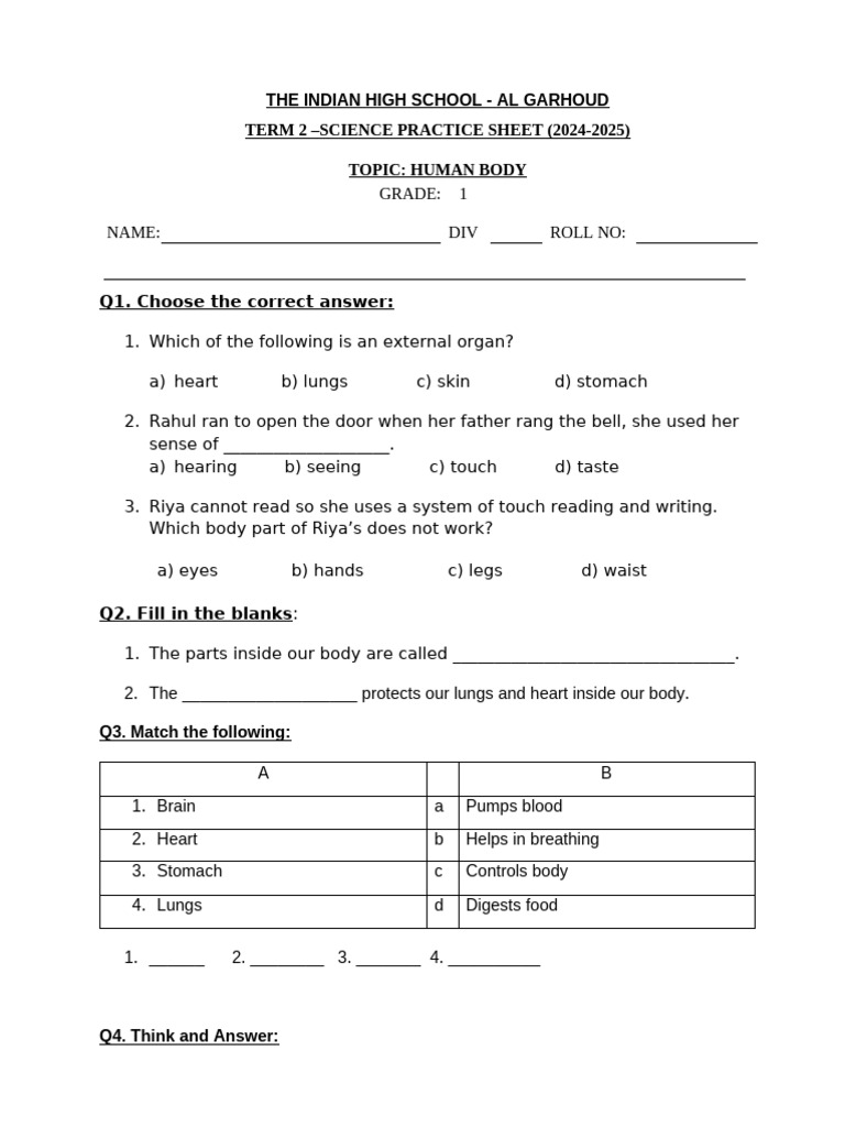 GR1 Practice Sheet - Human Body | PDF