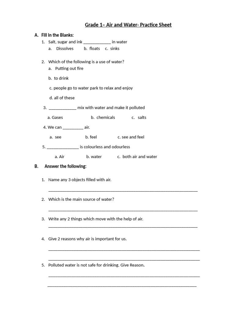 GR 1 Practice Sheet Properties of Air, Water | PDF