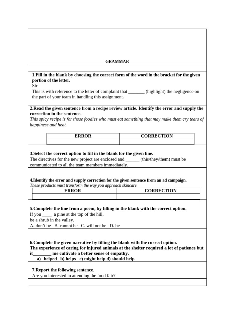 CL- 9 Grammar Worksheet (2) | PDF | Human Communication