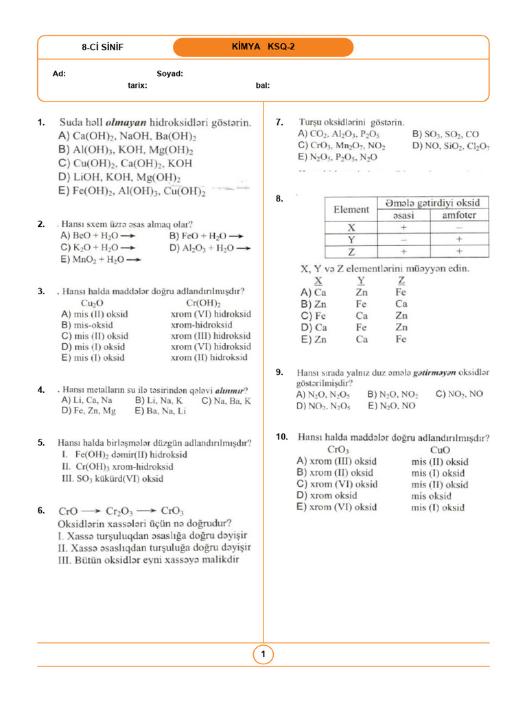 KİMYA KSQ-2 (1) 8ci sinif | PDF