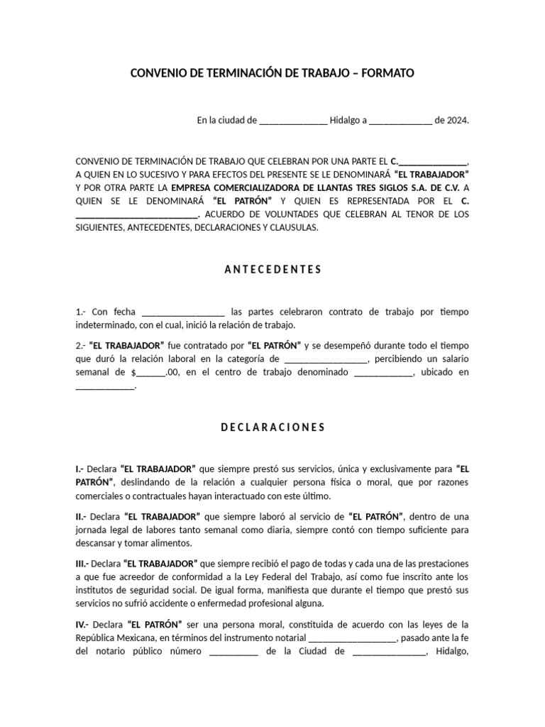 CONVENIO DE TERMINACIÓN DE TRABAJO | PDF