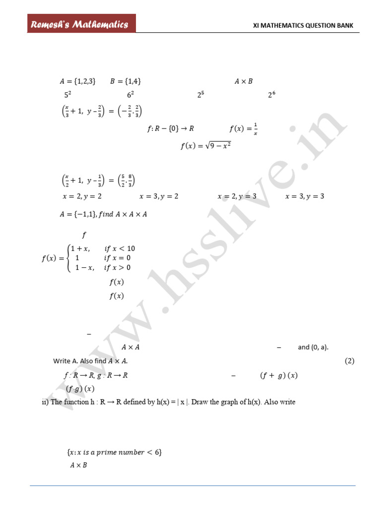 Hsslive Xi Maths-Qb 02 Relations and Functions | PDF | Function (Mathematics) | Domain Of A Function