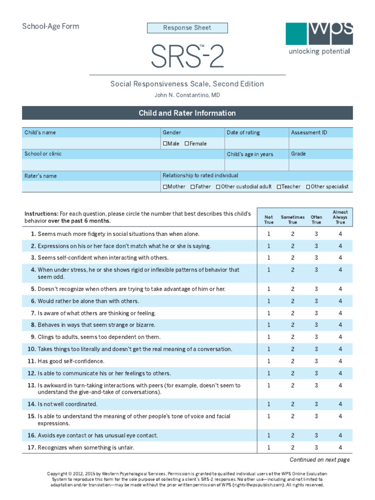 SRS-2 School Form Response Sheet | PDF