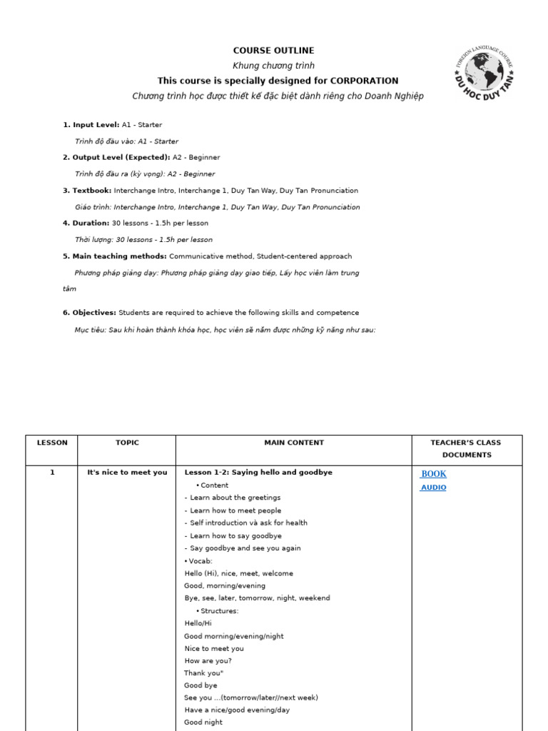 Corporate English Course Outline A1-A2 | PDF | Vocabulary | English ...