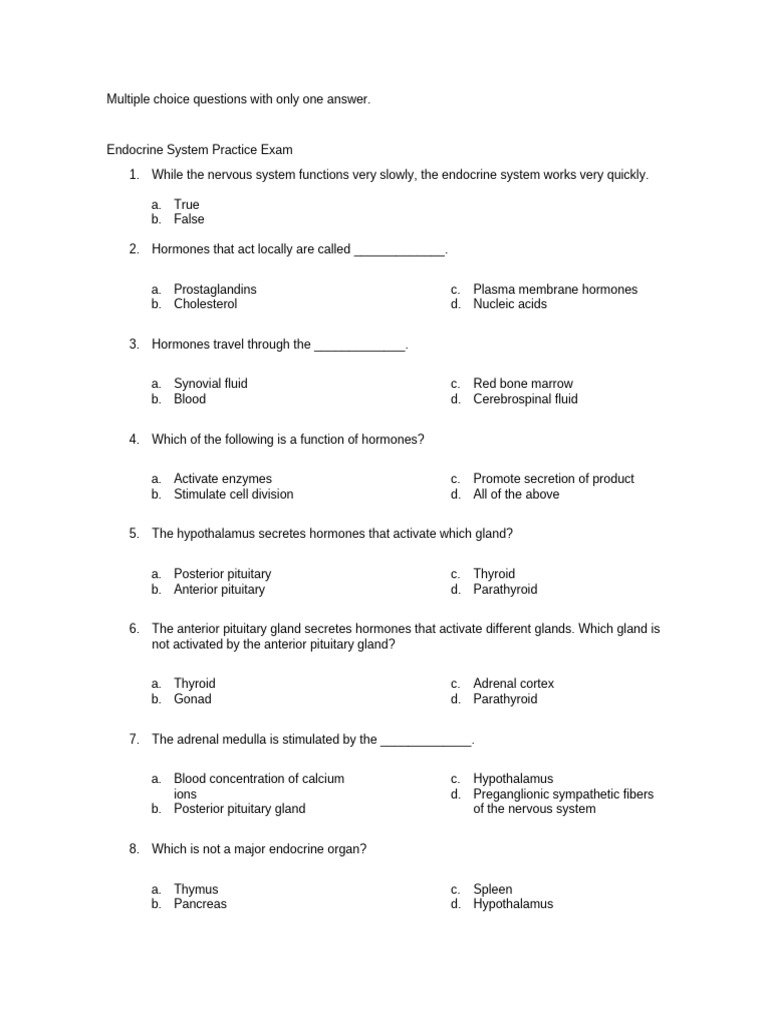 Questionnaire # 1 Endocrine System | PDF | Endocrine System | Hormone