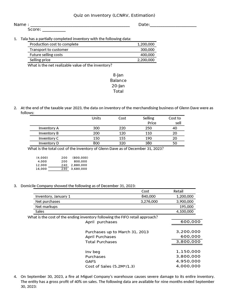 Quiz LCNRV Inventory Estimation W Answer | PDF | Inventory | Cost Of ...