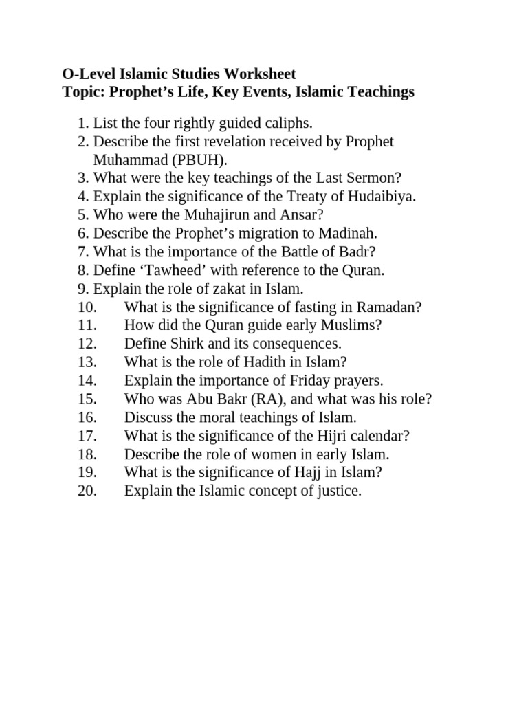 O-Level Islamic Studies Worksheet | PDF