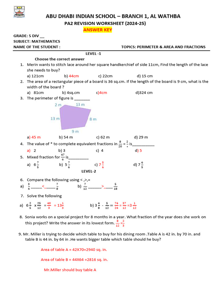 Grade 5 Revision Worksheet Pa2 Answer Key | PDF | Area