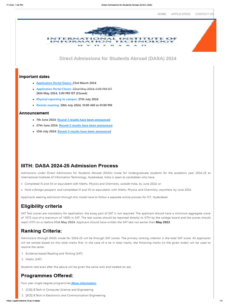 IIIT Hyderabad DASA Thru SAT Direct Admissions For Students Abroad (DASA) 2024 | PDF | Sat