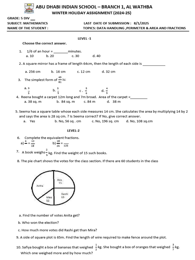 5th Grade Math Holiday Assignment 2024-25 | PDF | Area