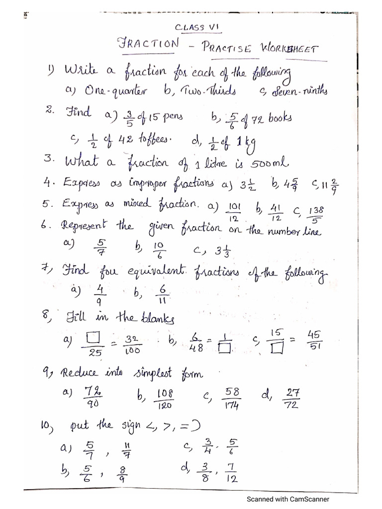 Fraction Worksheet Class 6 | PDF