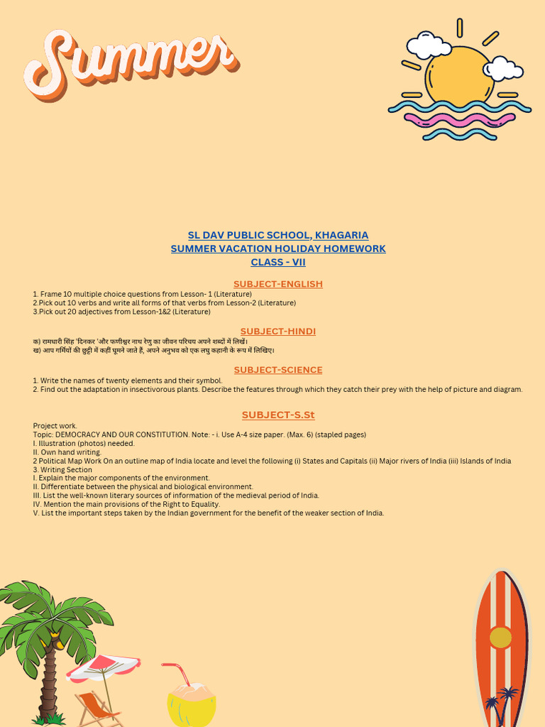 Class VII Summer Homework Assignments | PDF | Arithmetic | Mathematics
