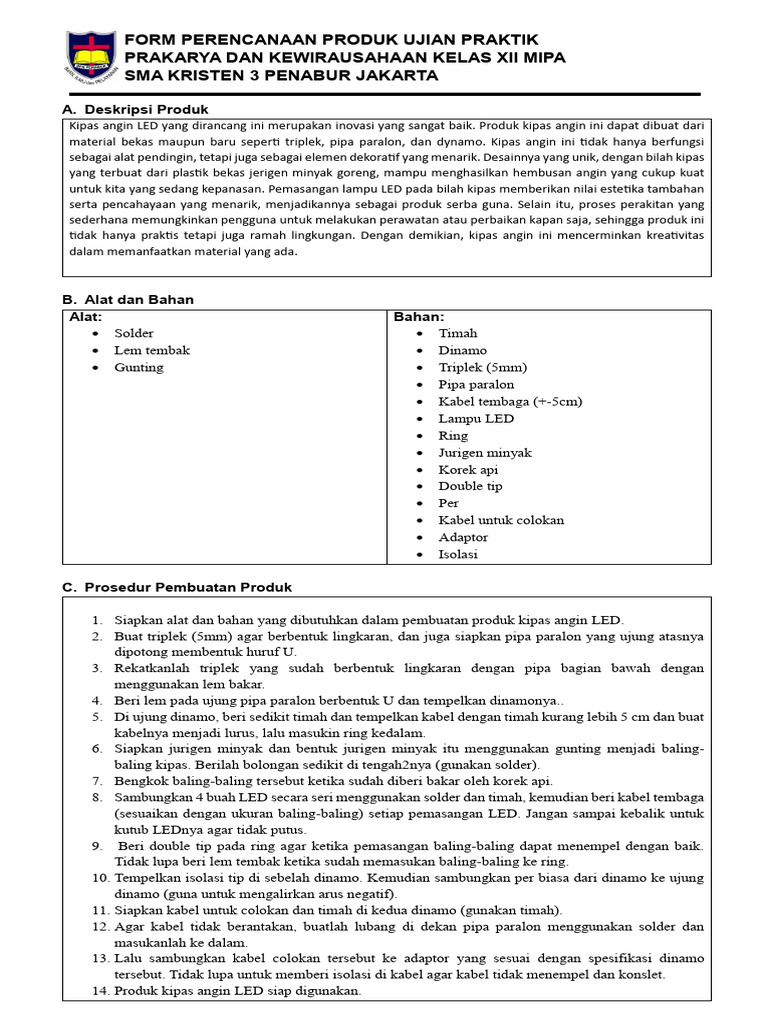 Form Perencanaan Produk Ujian Praktik | PDF