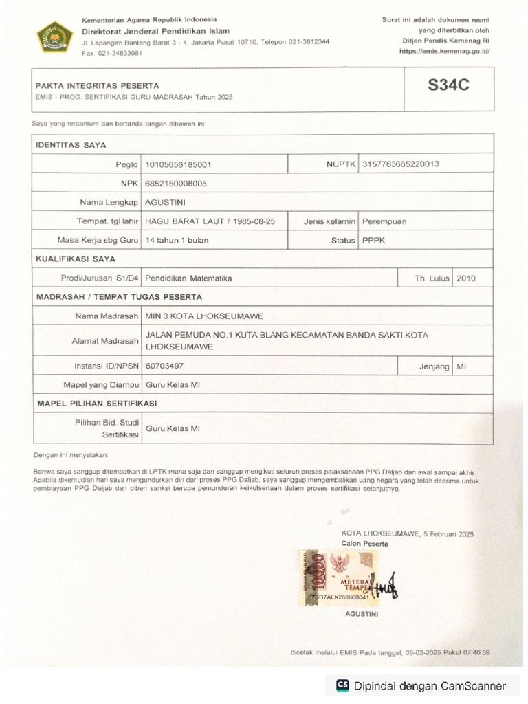 PAKTA Integritas Guru Kelas MI TINI | PDF