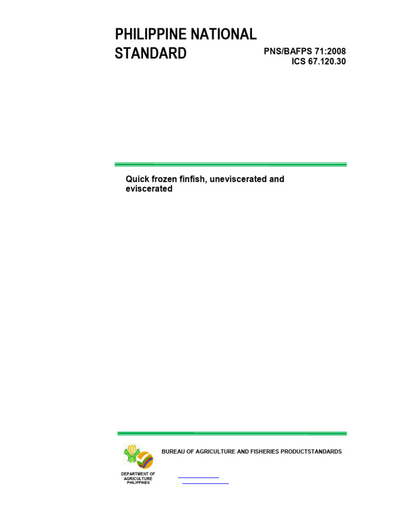 PNS BAFPS 71 - 2008 Quick Frozen Finfish, Uneviscerated and Eviscertaed | PDF | Freezing | Water