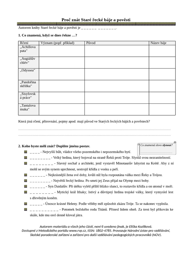 PRAC. LIST Proč Znát Staré Řecké Báje A Pověsti | PDF