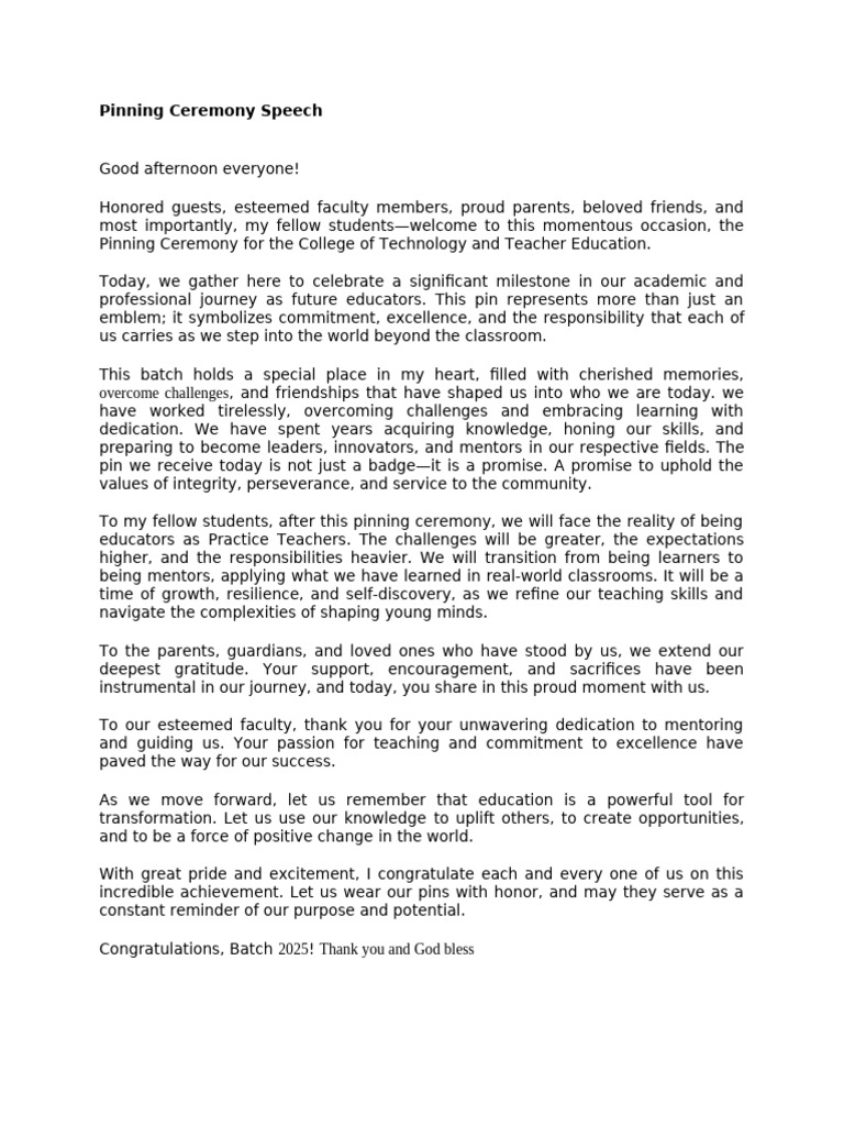 Pinning Ceremony Speech - NoNie | PDF