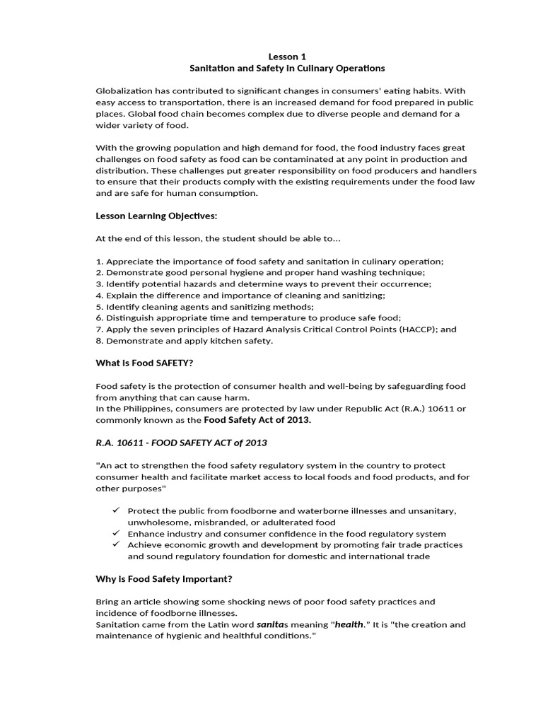 Module 1 Sanitation and Safety in Culinary Operations | PDF | Food ...