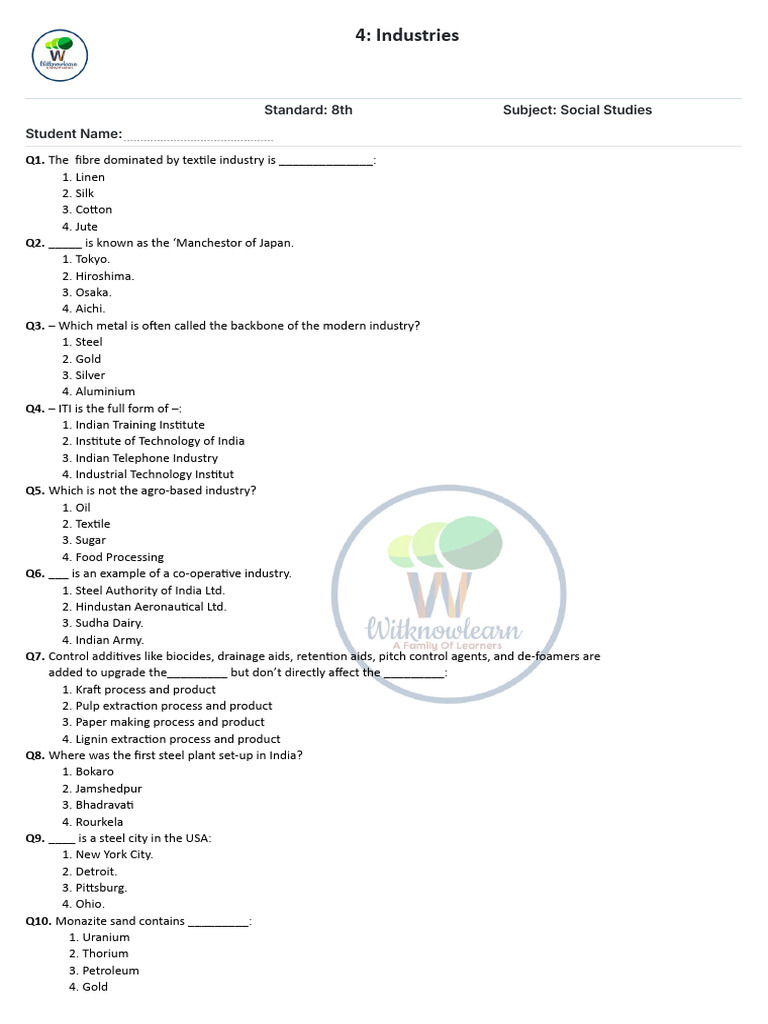 Ncert Class 8th Geography Chapter 4 Industries Worksheet With Answer MCQ Included 0 2023 21 11 ...