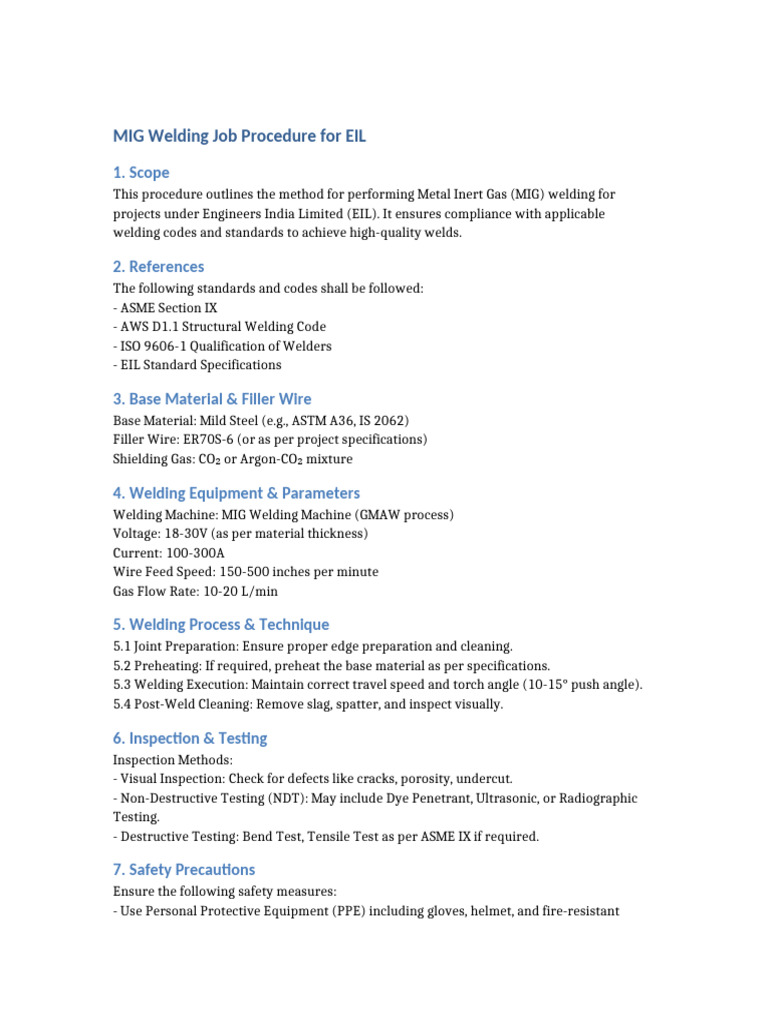 MIG Welding Procedure EIL | PDF