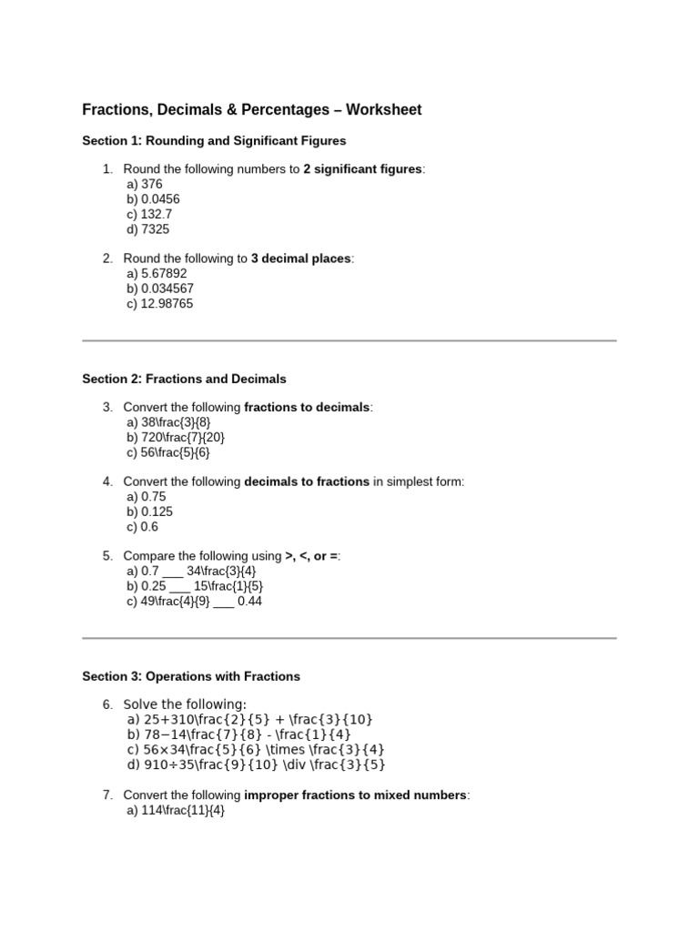 Fractions, Decimals & Percentages Worksheet | PDF | Mathematical ...