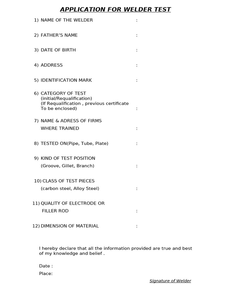 Application For Welder Test | PDF