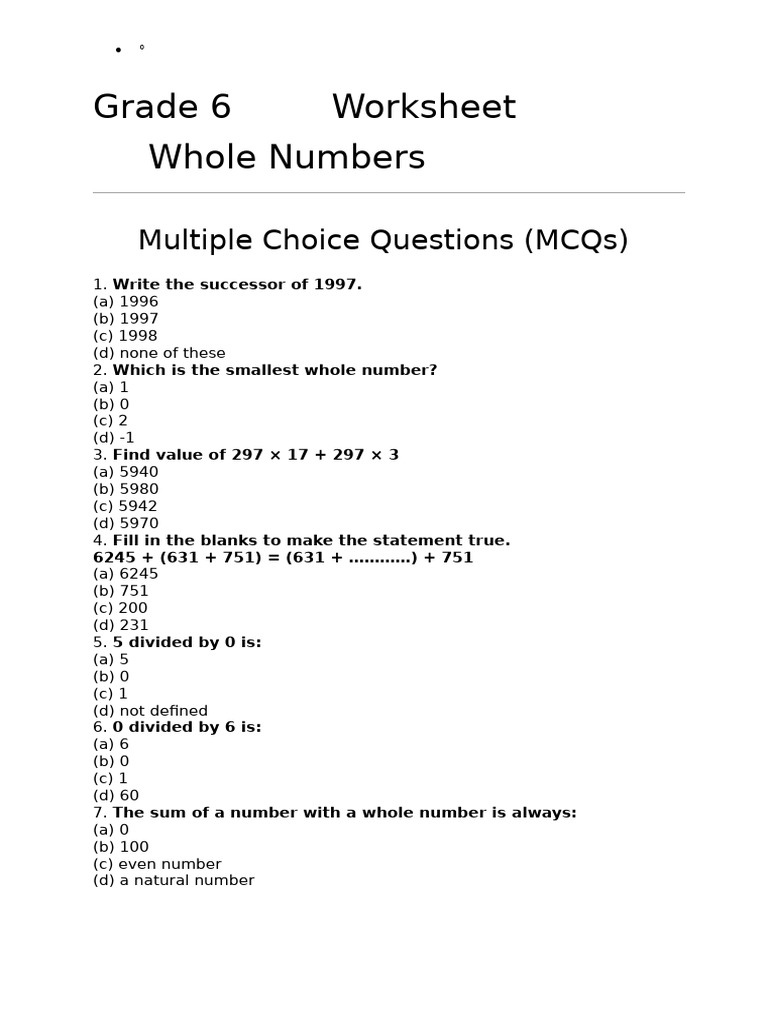 Grade 6 Whole Numbers Worksheet | PDF | Integer | Natural Number