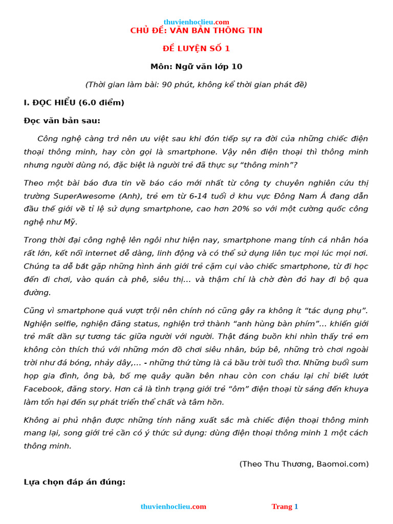 Bo de Luyen Doc Hieu Viet Van 10 Phan Van Ban Thong Tin Co Dap An | PDF