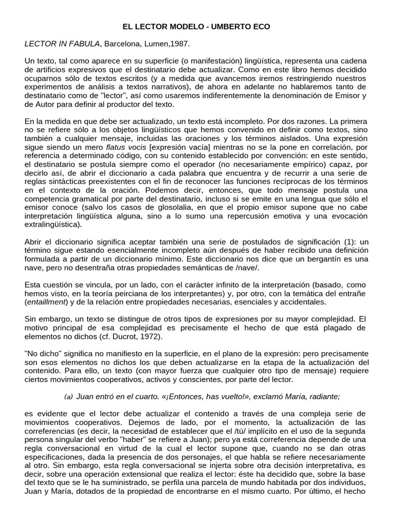 El Lector Modelo en la Interpretación Textual | PDF | Autor | Empirismo