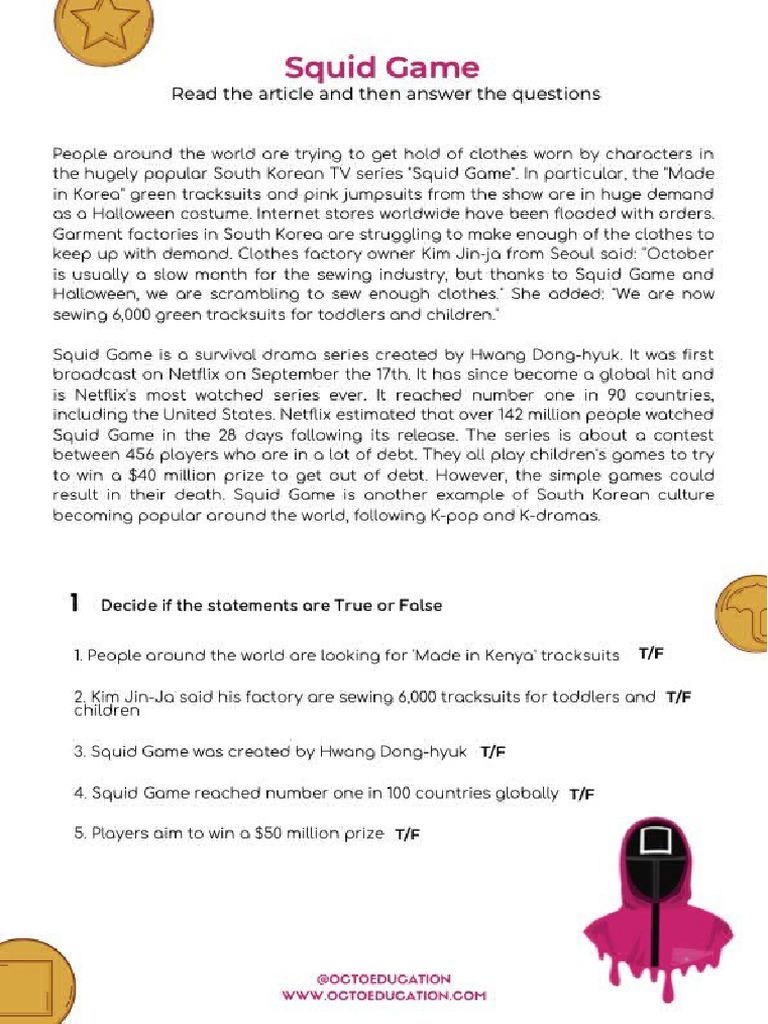 Reading Comprehension Squid Game Wordsearches 139051 | PDF