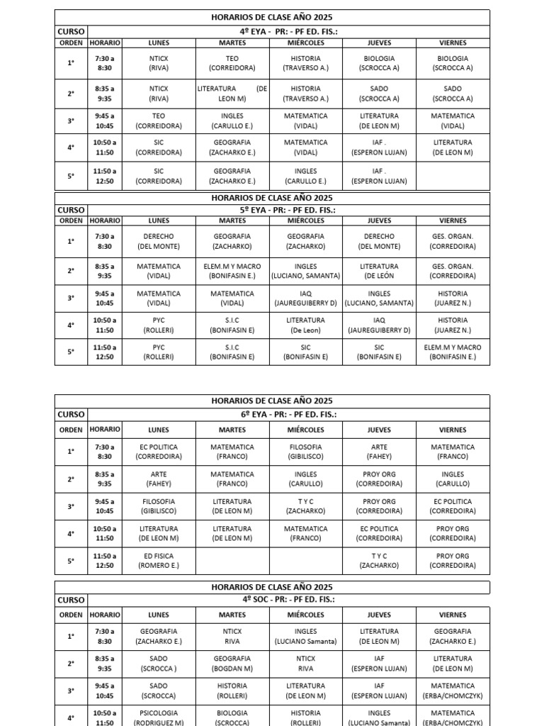 Horarios de Clases 2025 por Curso | PDF