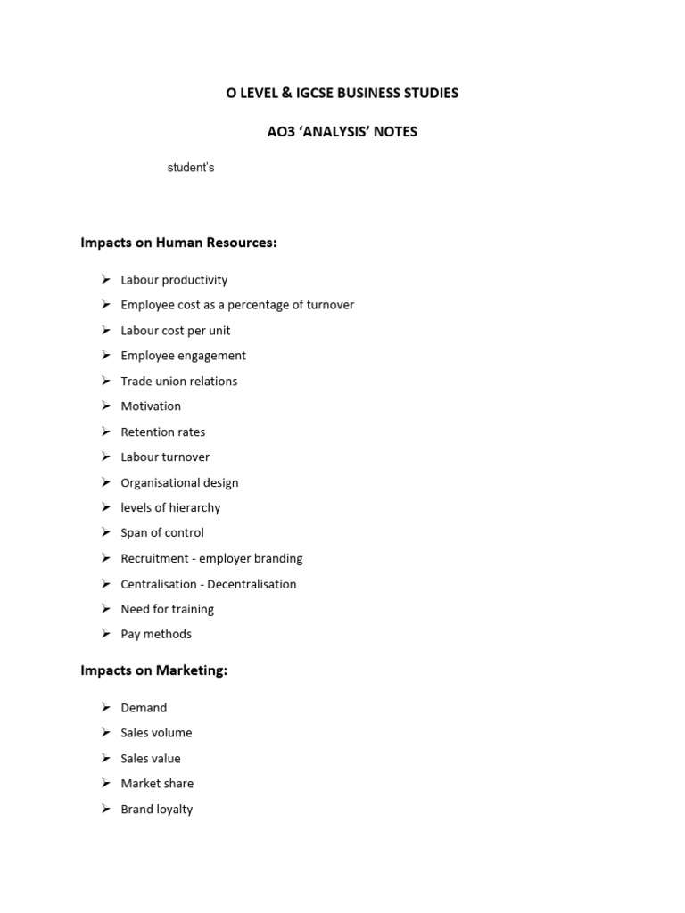 O Level & Igcse Business Studies - Ao3 Notes | PDF | Labour Economics ...