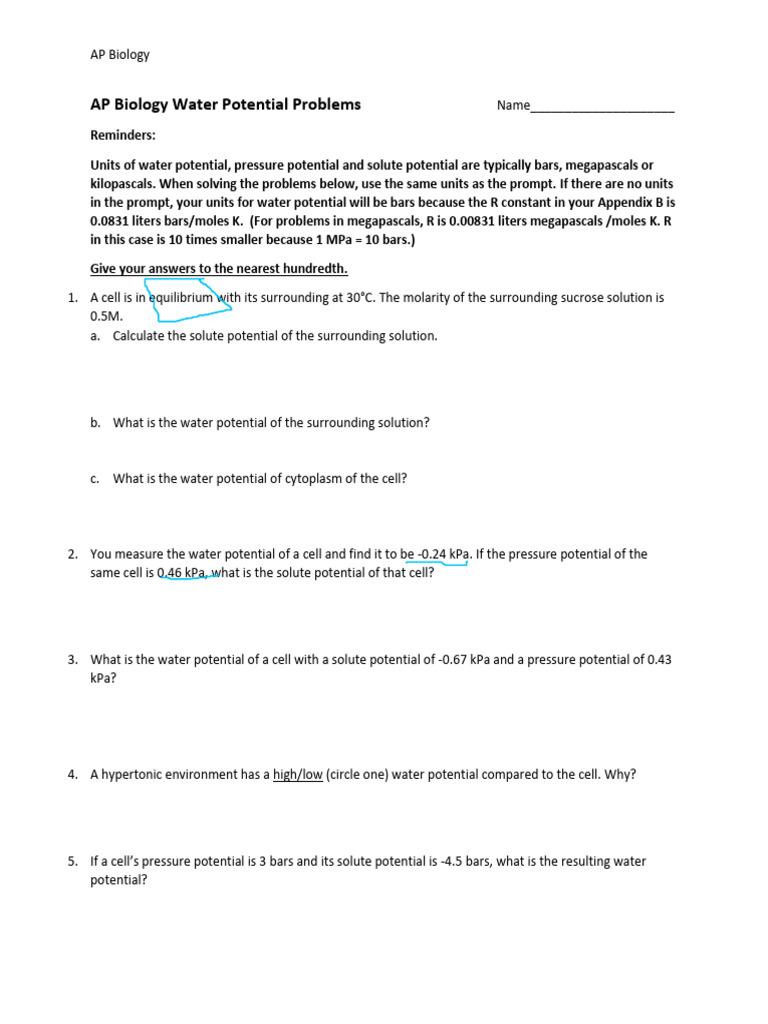 AP Biology Water Potential Exercises | PDF | Pascal (Unit) | Water