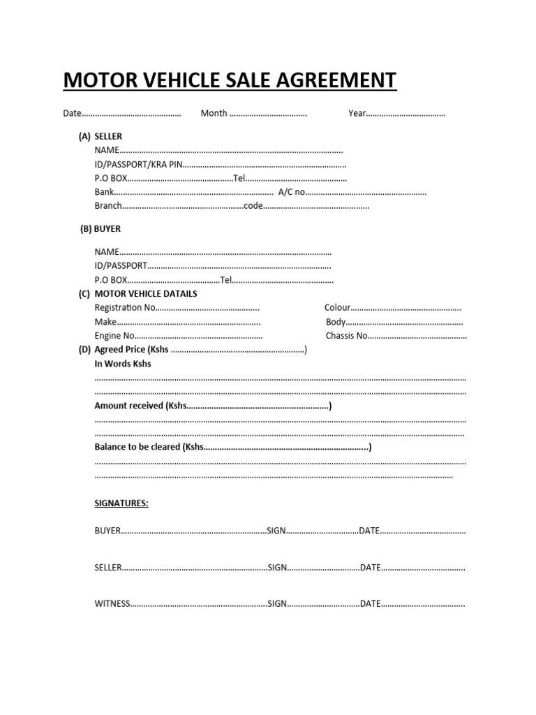 Motor Vehicle Sale Agreement Form | PDF