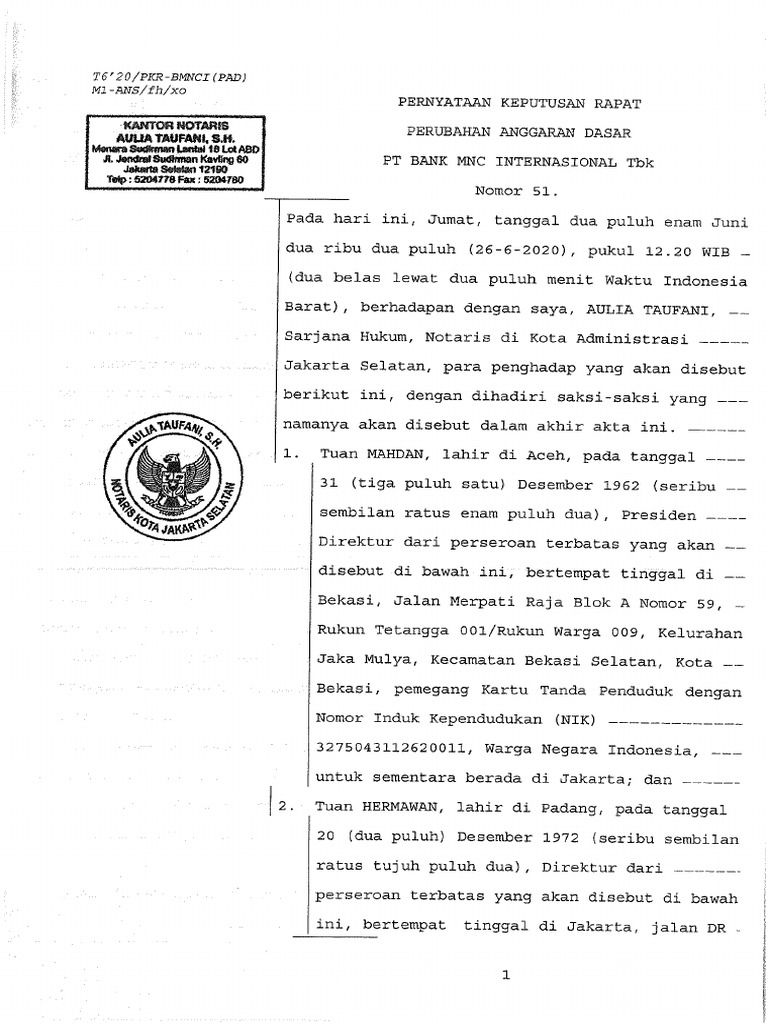 Akta No 51 TGL 26 Juni 200 PT Bank MNC Restatement Ad | PDF