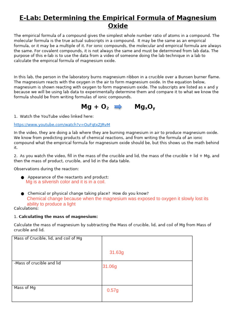 E-Lab: Determining The Empirical Formula of Magnesium Oxide: MG Is A ...