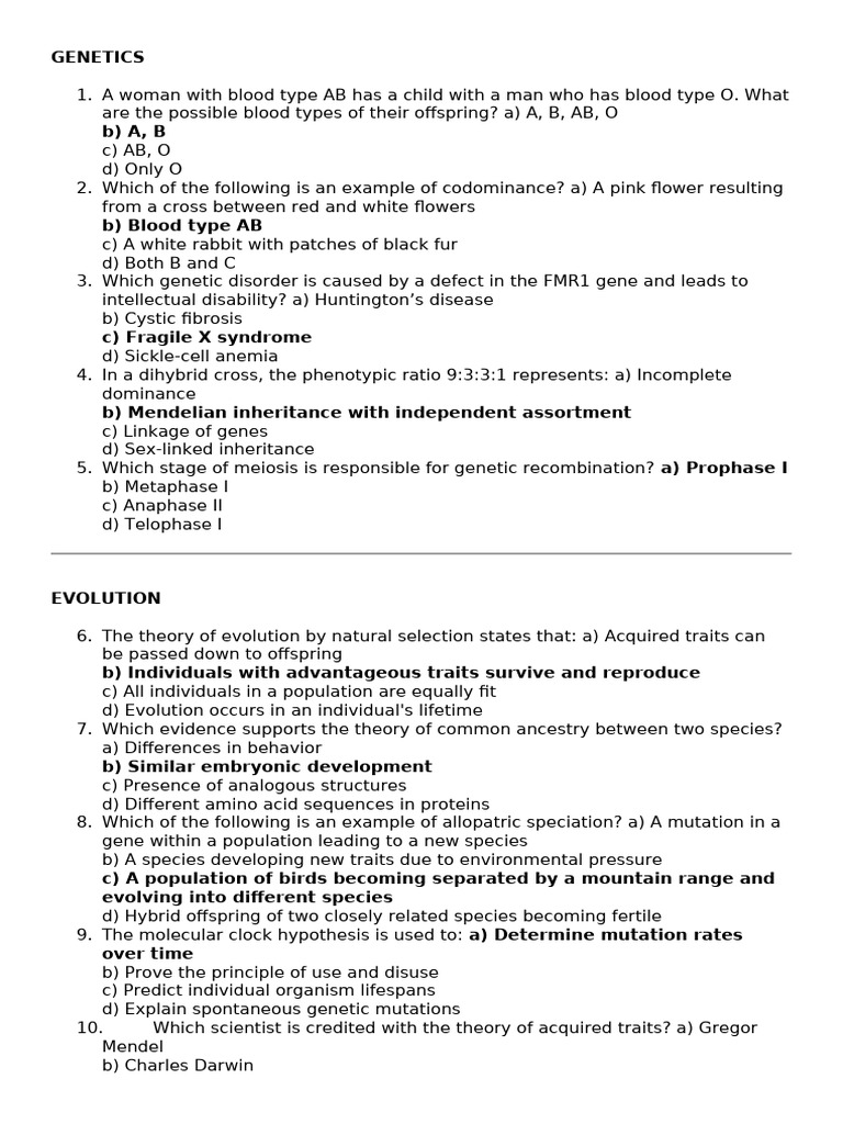 Genetics and Evolution Quiz Questions | PDF | Natural Selection | Genetics