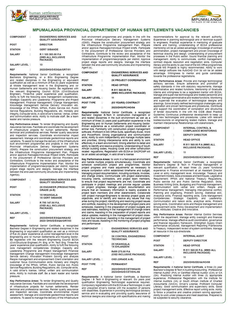 Mpumalanga Human Settlements Job Vacancies | PDF | Internal Audit ...