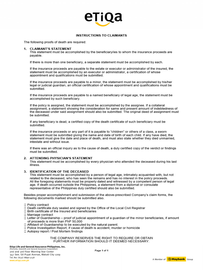 Etiqa Claims Death Individual Instructions To Claimant v1 0 | PDF ...