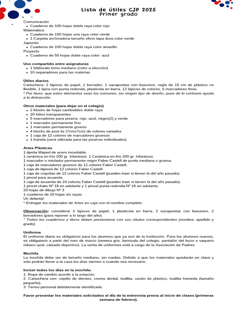 1° Grado - Lista de Útiles 2025 CJP | PDF | Color | Lápiz
