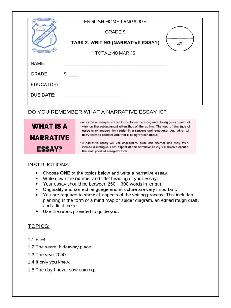 Task 2 Essay Grade 9 2023 Narrative 2023 Term 1 | PDF
