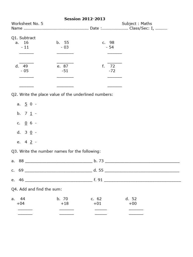 CBSE Class 1 Maths Practice Worksheet (6) | PDF